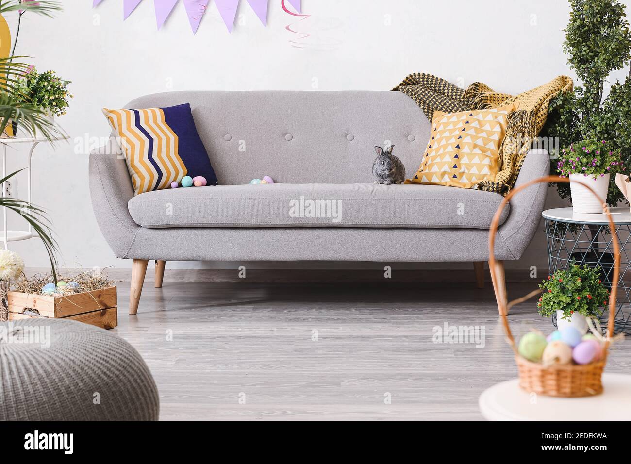 Cute rabbit and Easter eggs on sofa in room Stock Photo - Alamy