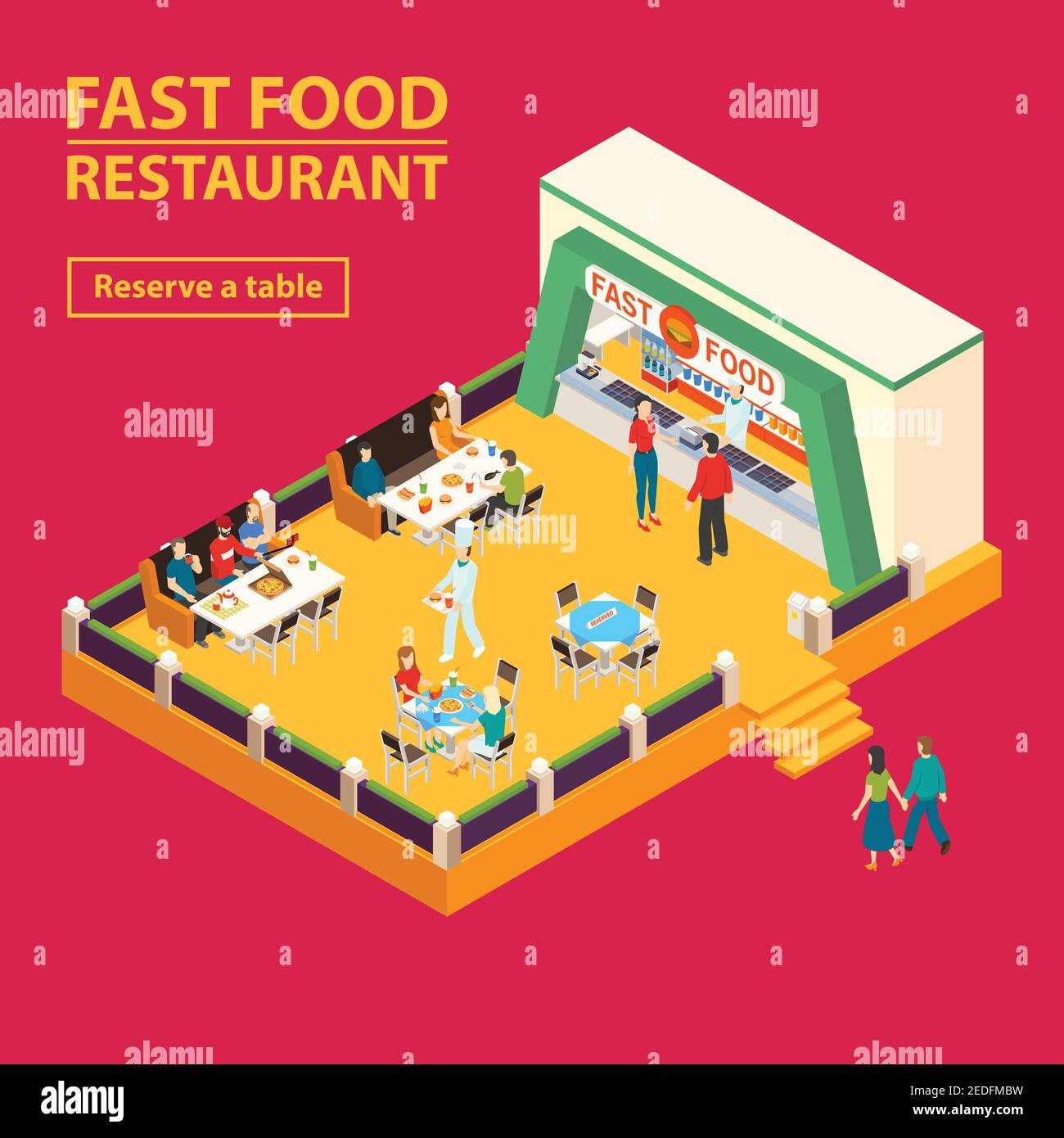 Fast food square banner with isometric food court interior and people ...