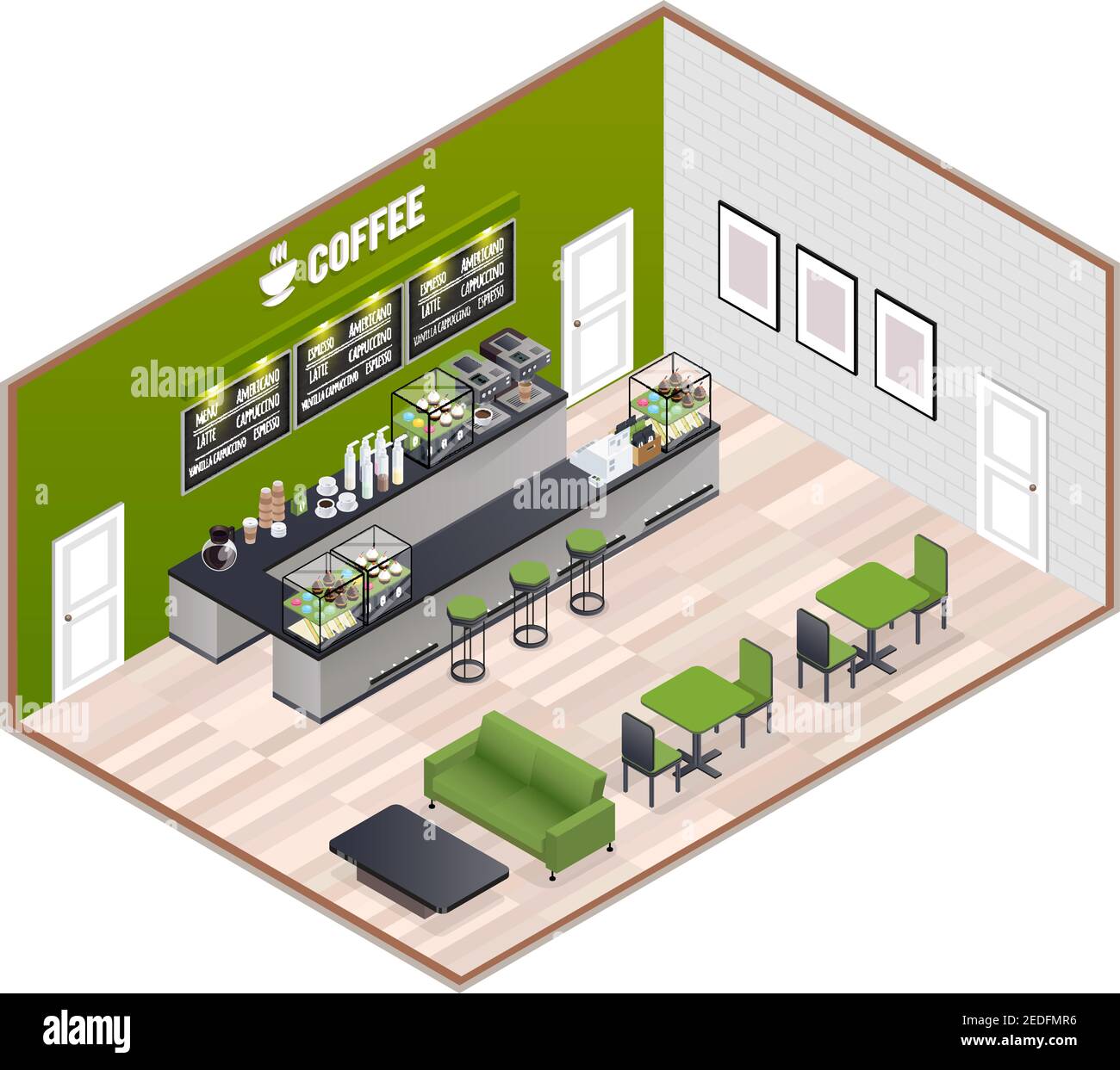 Isometric cafe indoor interior composition with bar counter chalkboard ...