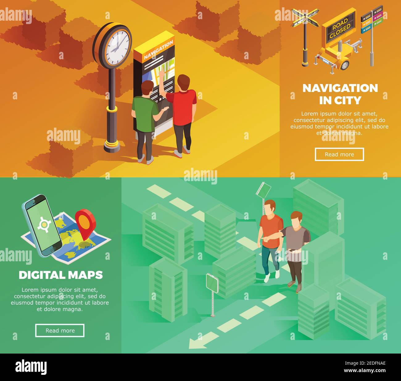 Colorful horizontal city navigation with digital maps isometric banners ...