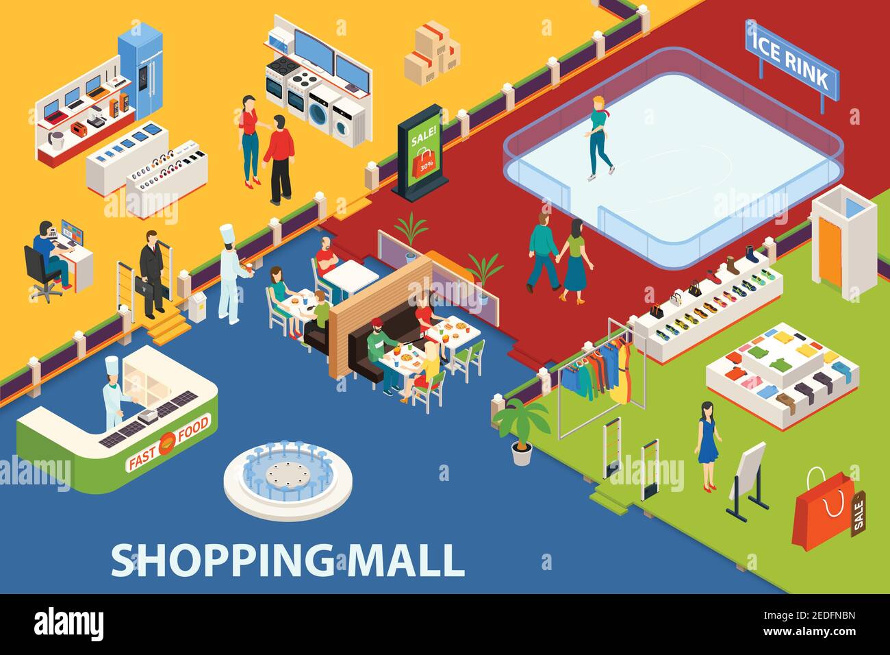 Shopping mall background with isometric indoor shopping plaza ...