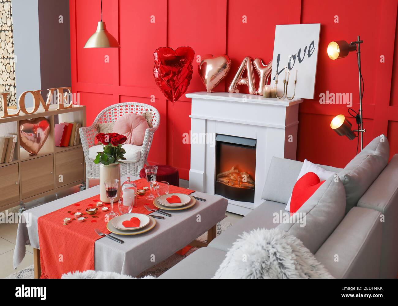 Interior of living room with table served for romantic dinner Stock ...