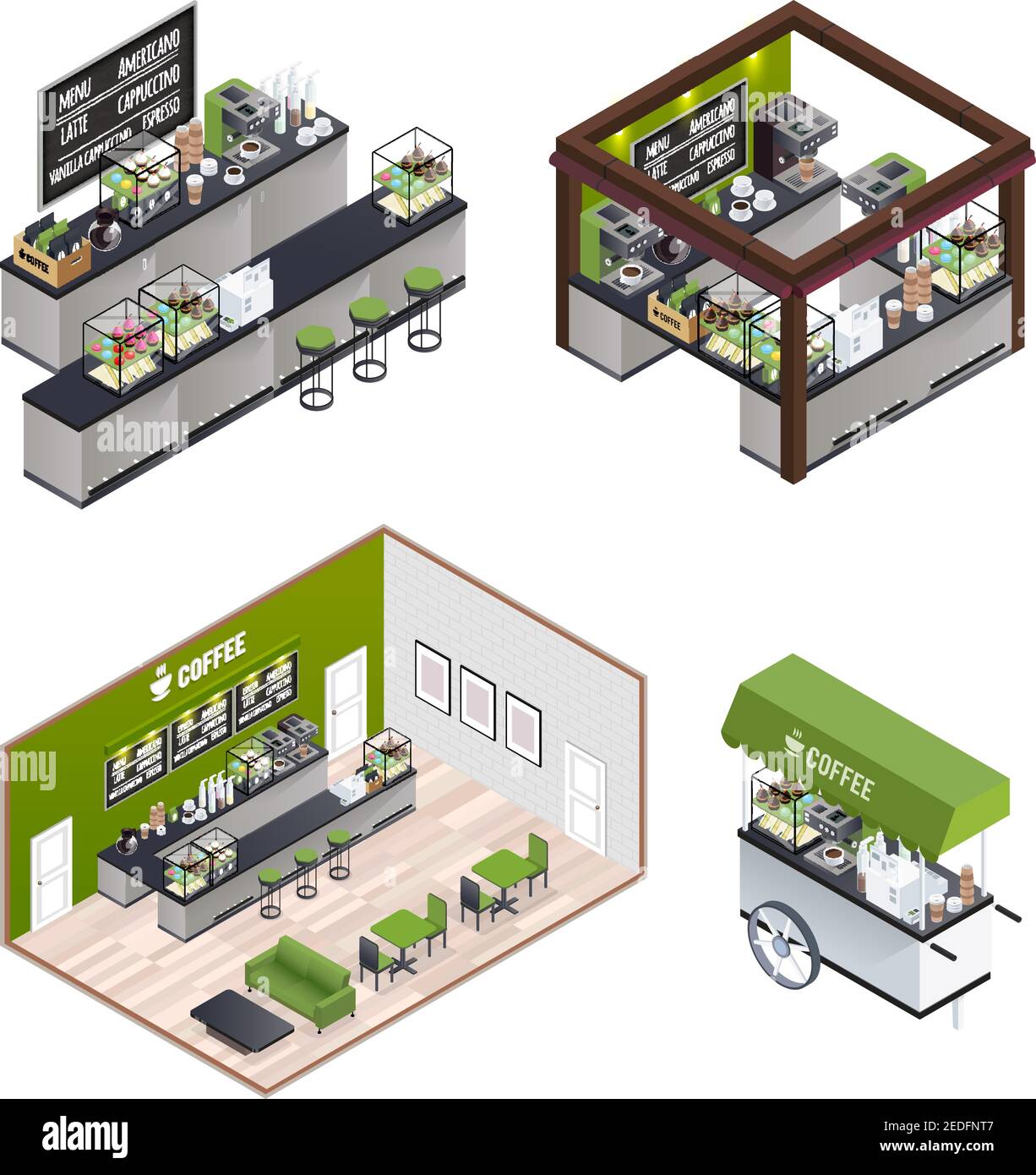 Isometric coffee shop isolated indoor interior compositions set with ...