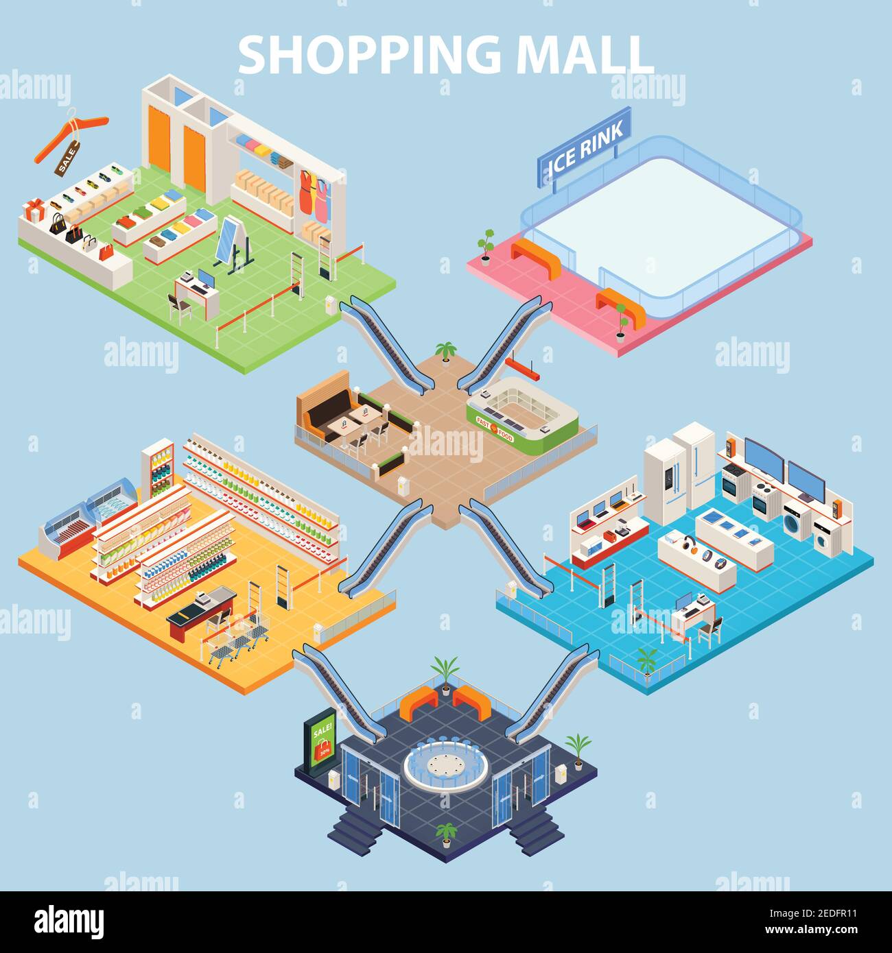 Shopping mall background with isometric interiors at different levels ...