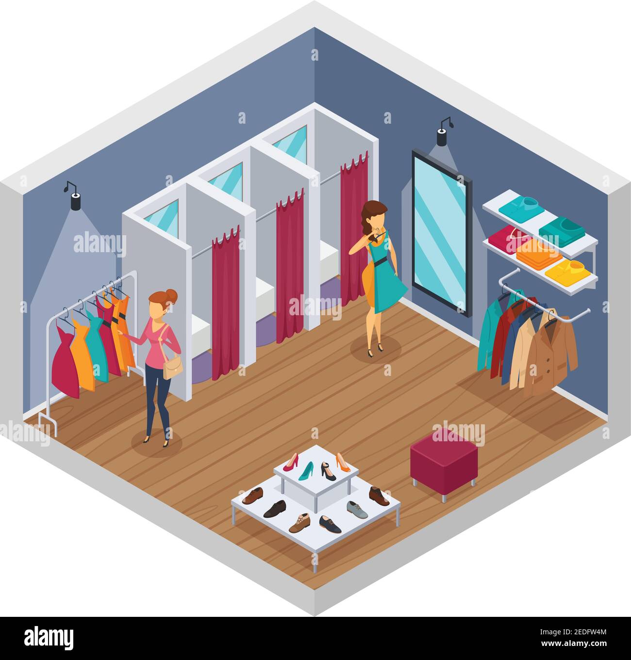 Colored trying shop isometric interior with walls and store with ...