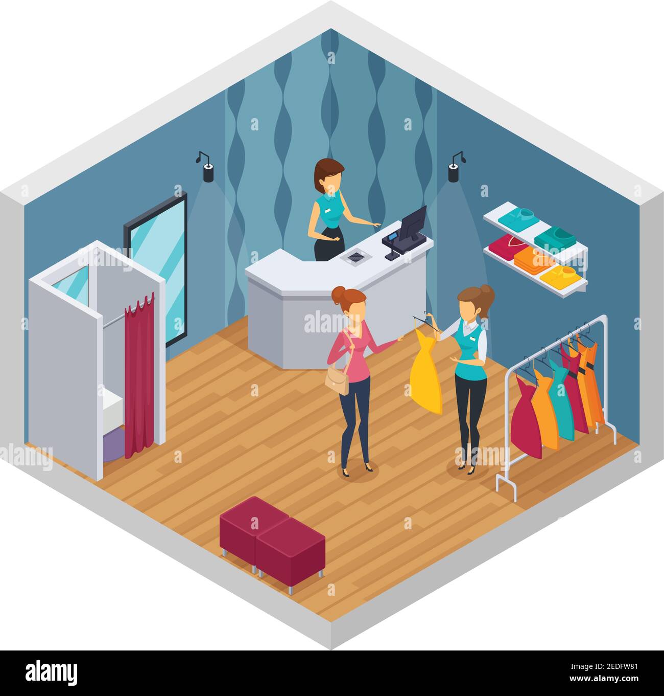 Colored trying shop isometric interior with clothing store layout new ...