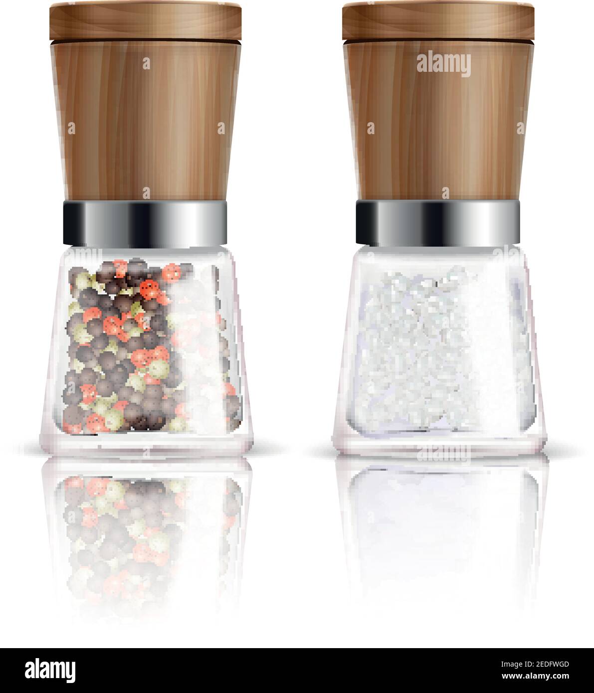Two isolated realistic salt and pepper mill composition with glass ...