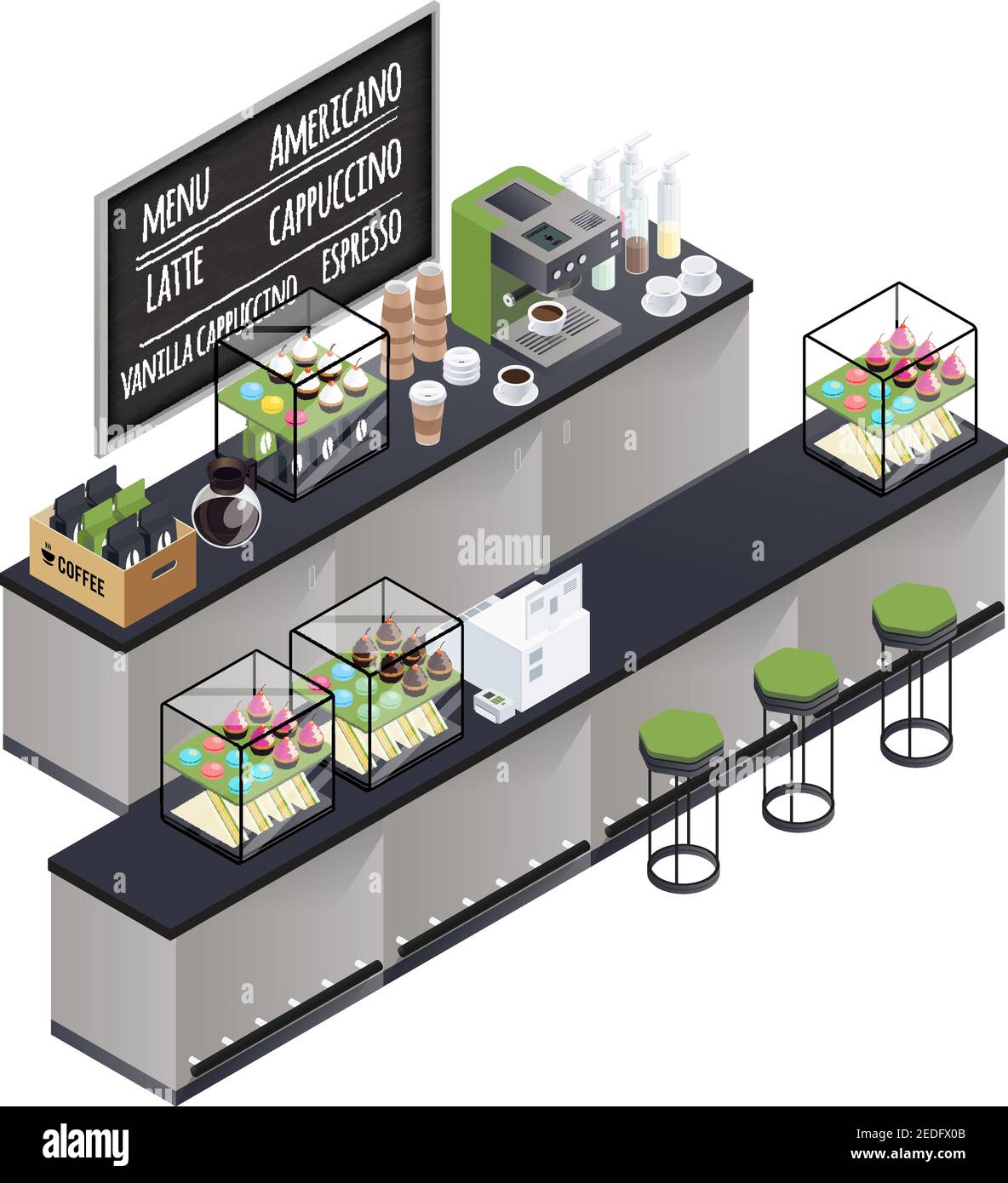 Coffee bar stand isometric composition with coffee brewer black board ...