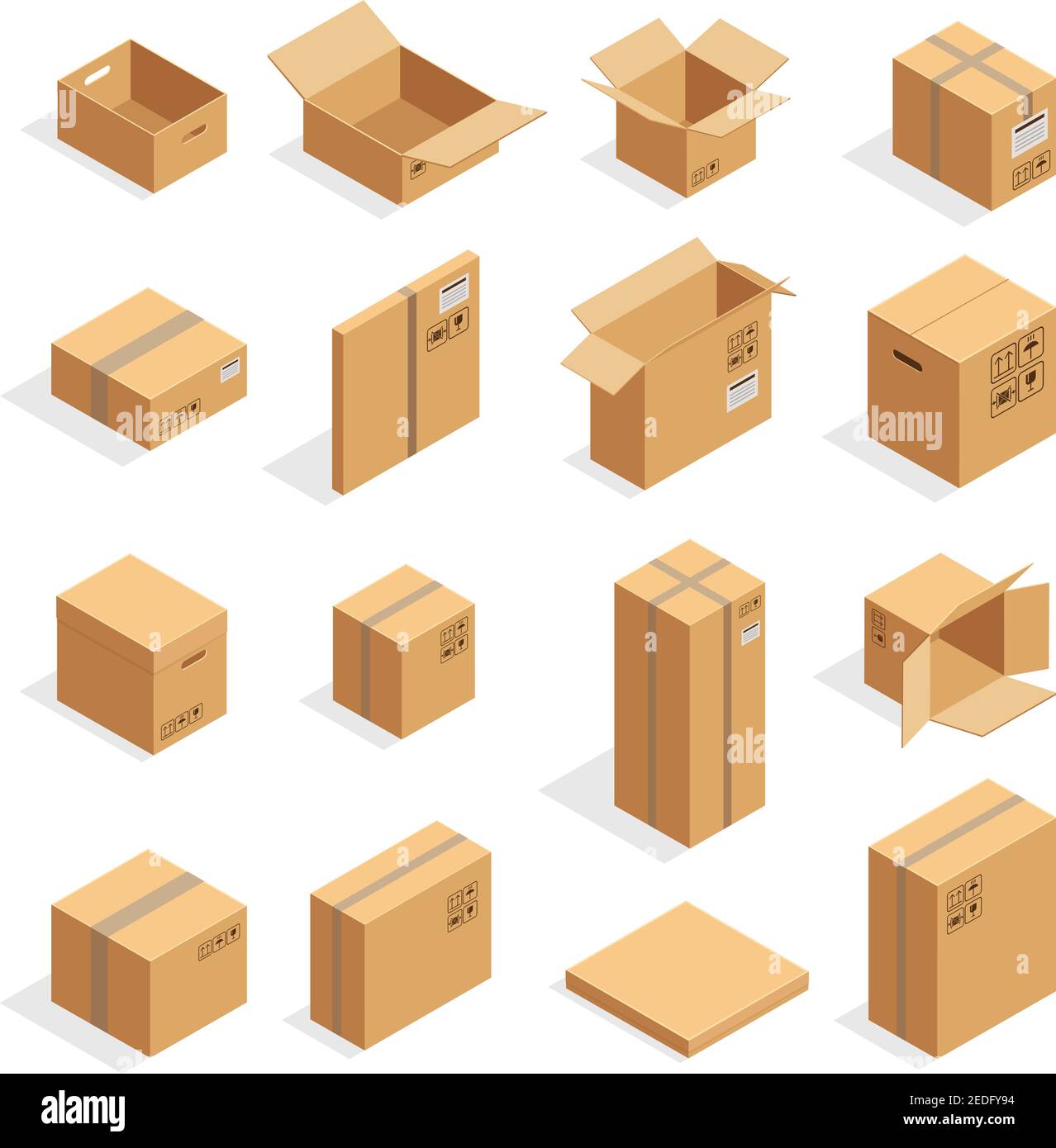 Isometric carton packaging box images set of different size with postal ...