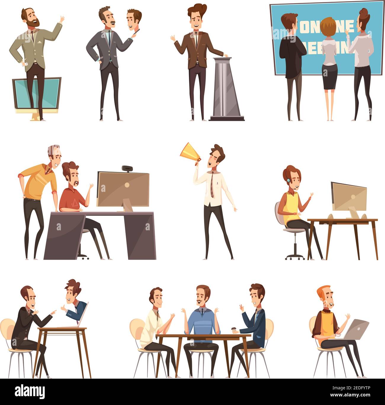 Online meeting icons set with laptop and people cartoon isolated vector ...