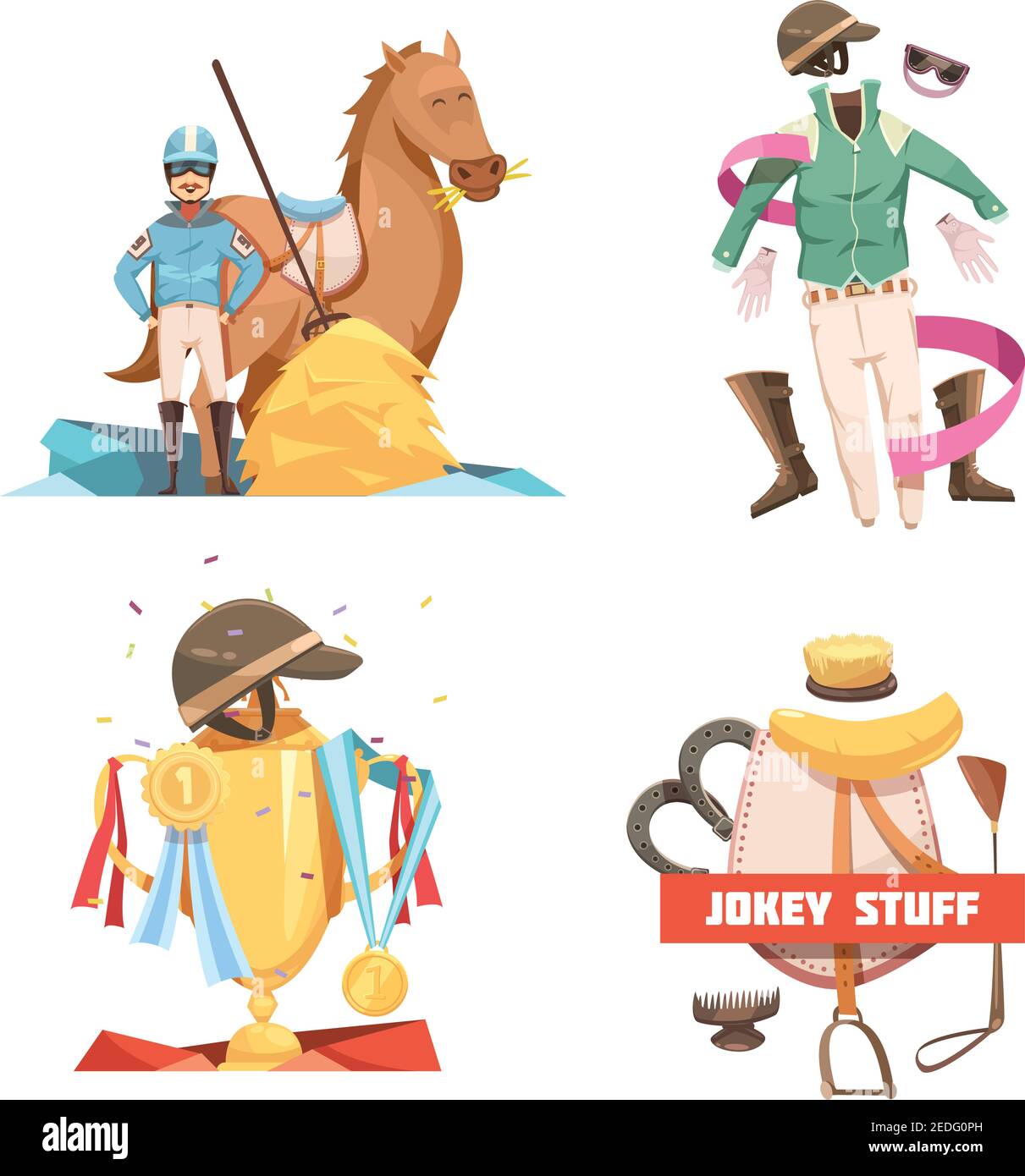 Horse riding retro cartoon 2x2 design compositions with jockey stuff ...