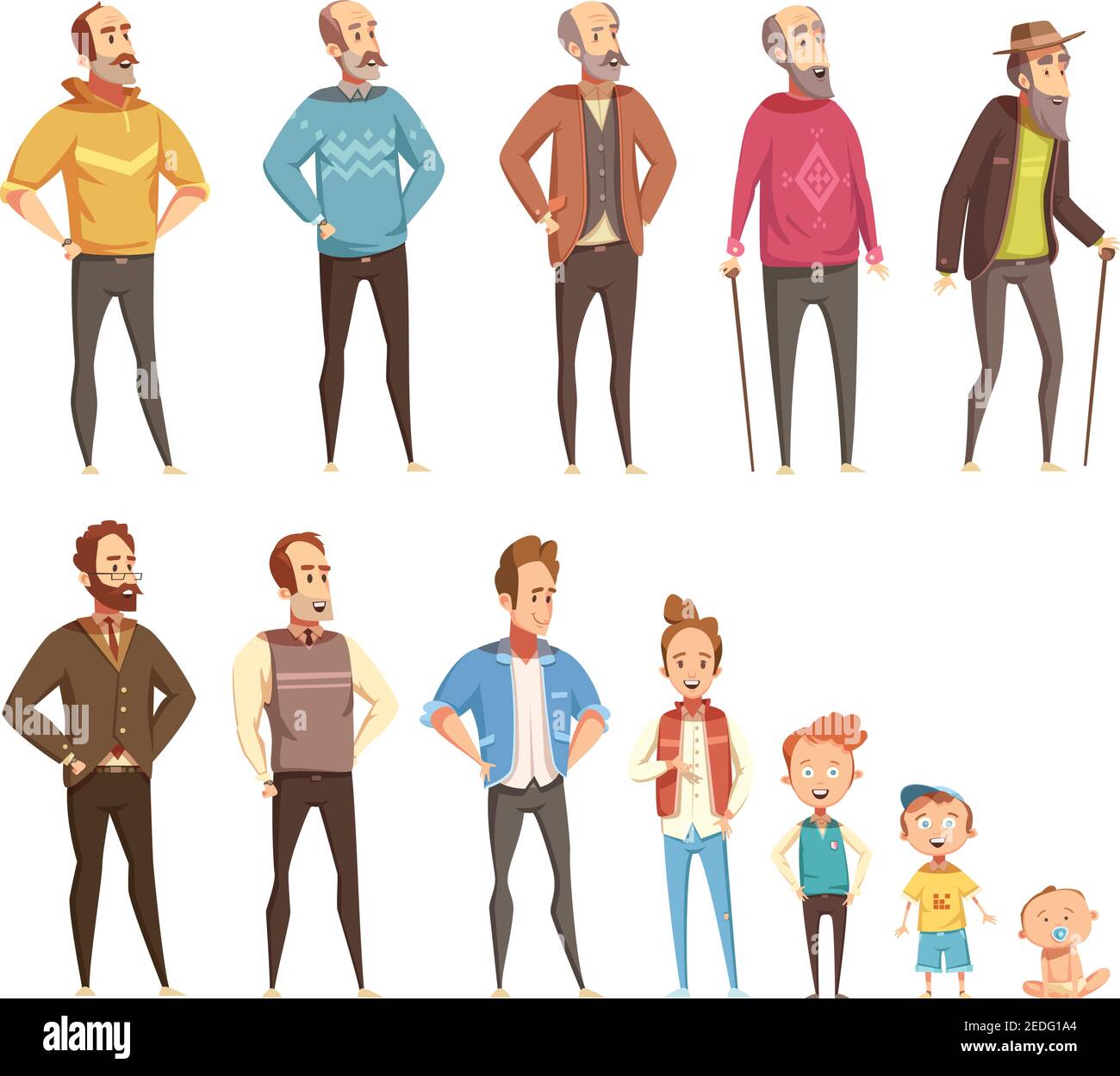 Men generation flat colored icons set of different ages from baby to ...