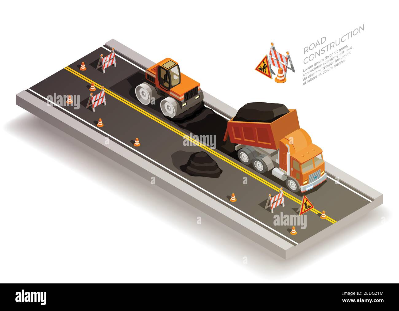 Road construction pit collapse repairs isometric composition with ...