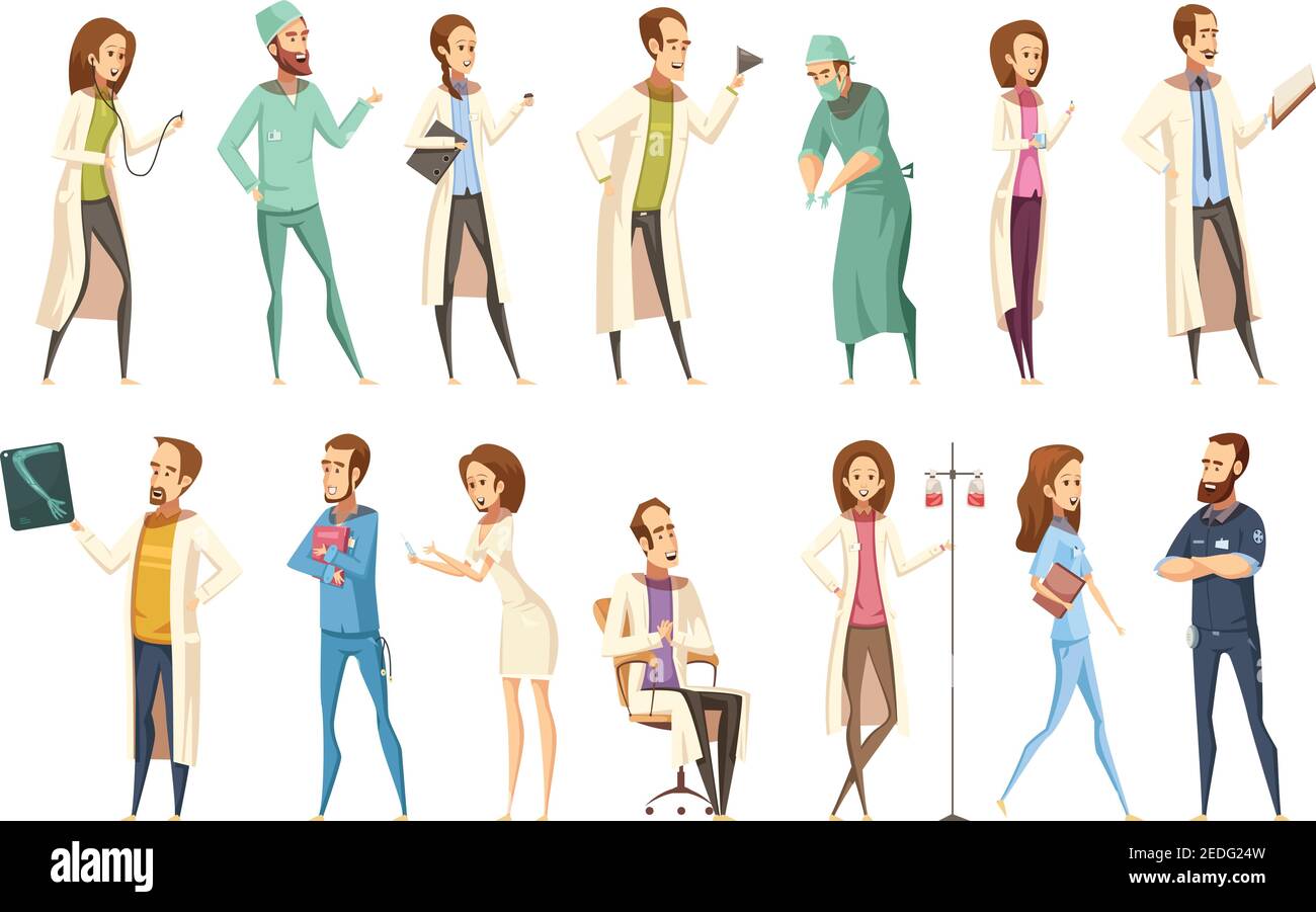 Nurse characters set in cartoon retro style with men and women in ...