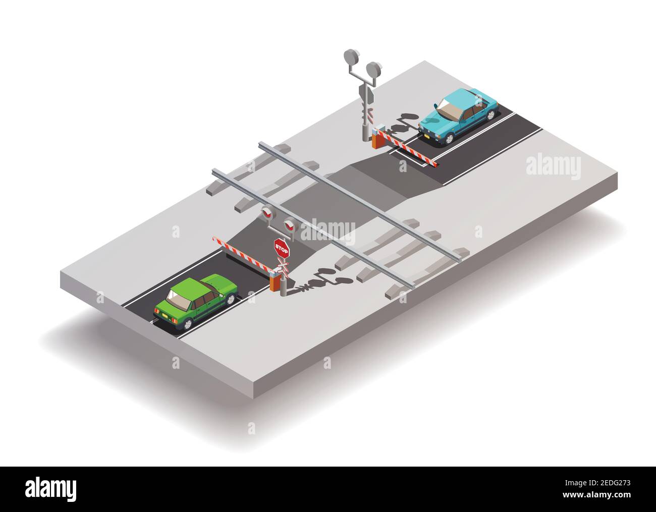 Road elements isometric composition with railway grade crossing with ...