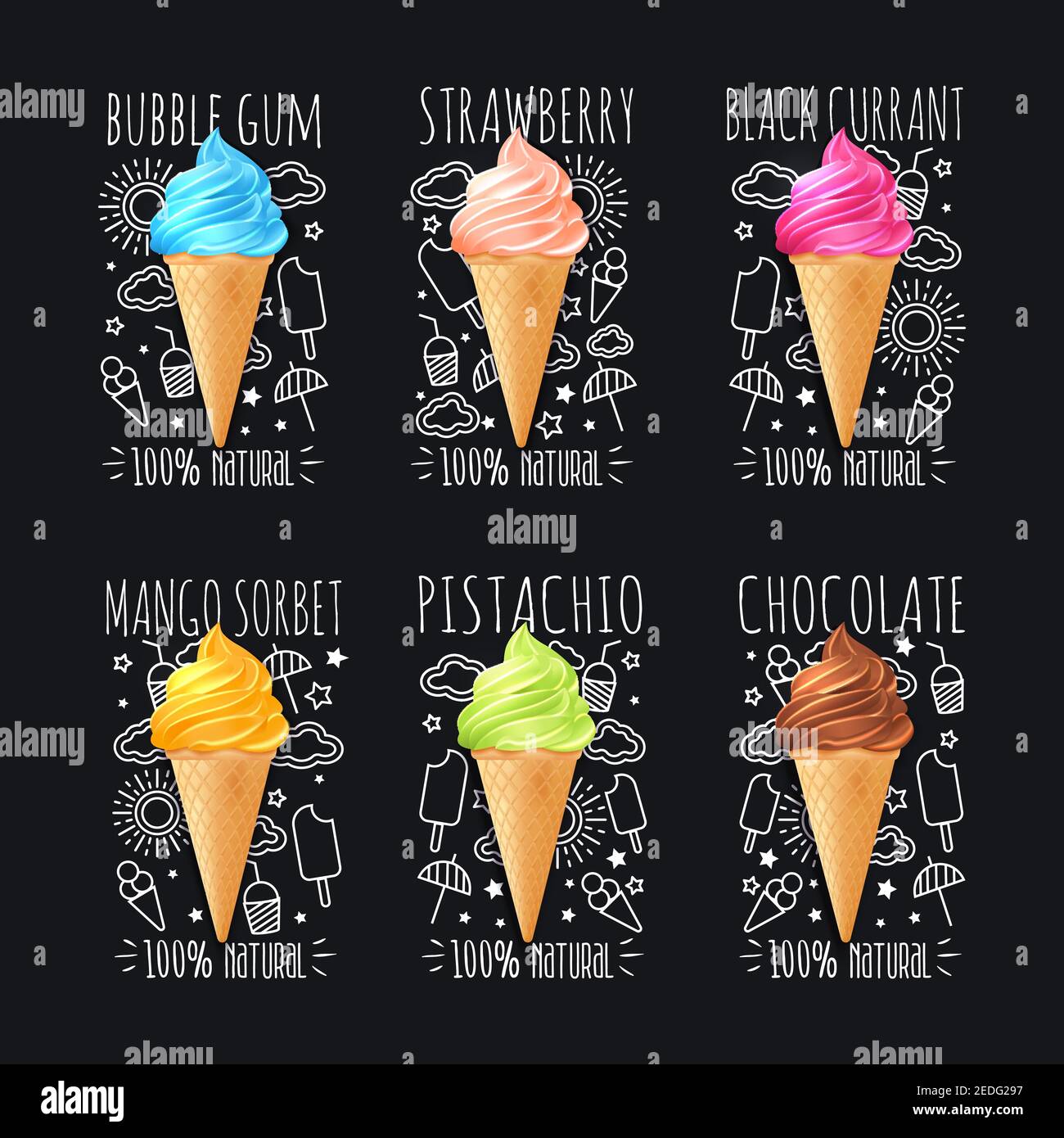 Ice cream chalkboard design set with six isolated compositions of drawn ...