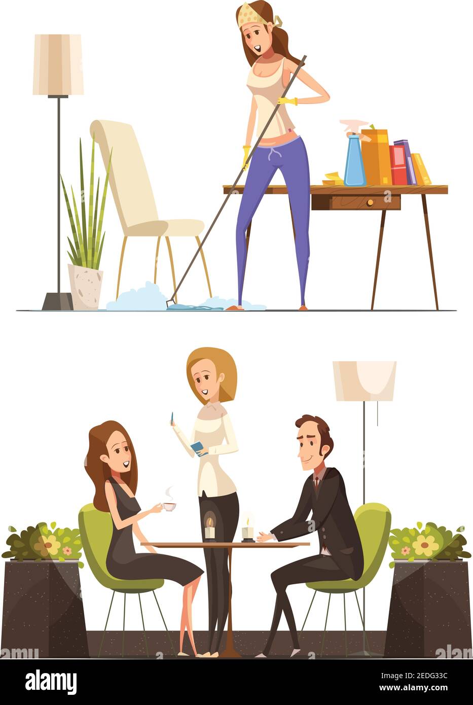 Two retro cartoon compositions with young woman busy cleaning your ...