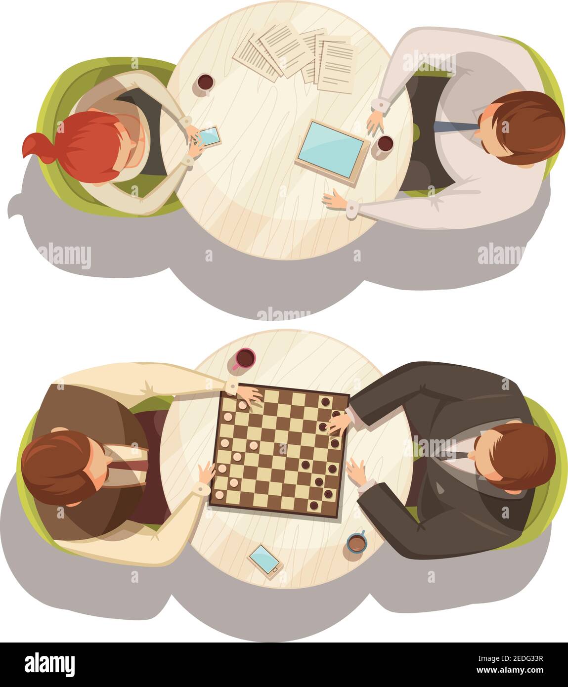 People over cup of coffee at round tables playing checkers and talking ...