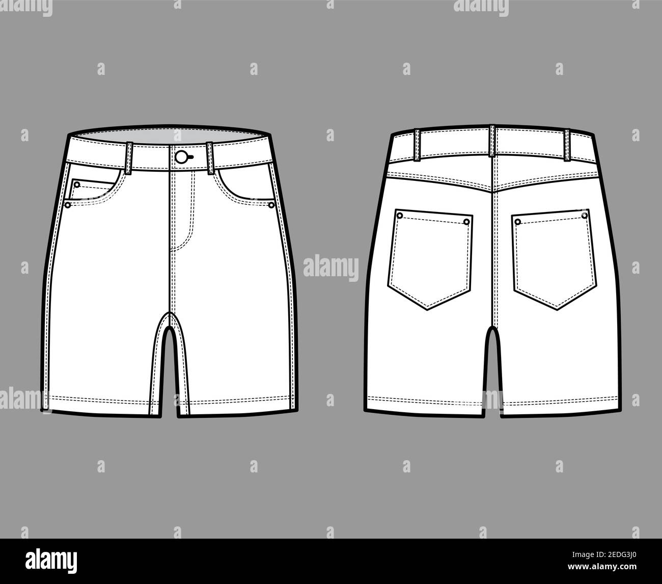 Denim short pants technical fashion illustration with mid-thigh length ...