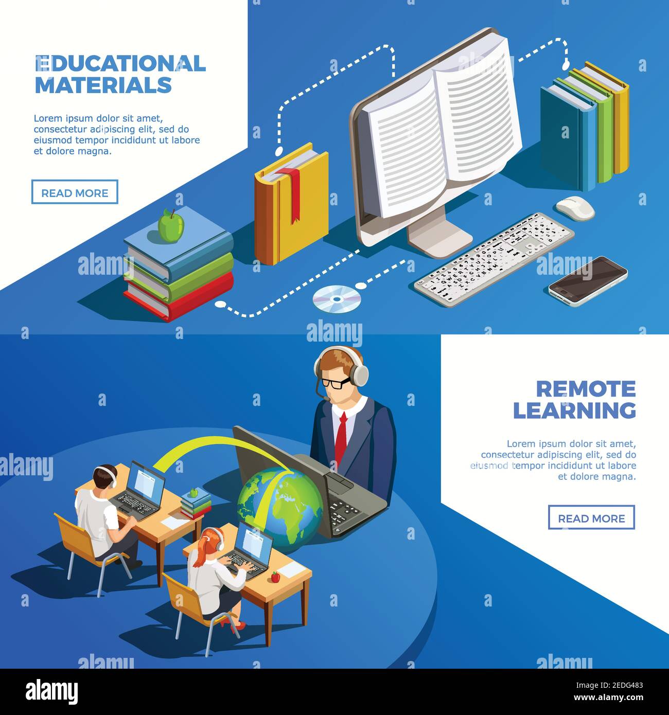 Online education isometric horizontal banners collection with remote ...