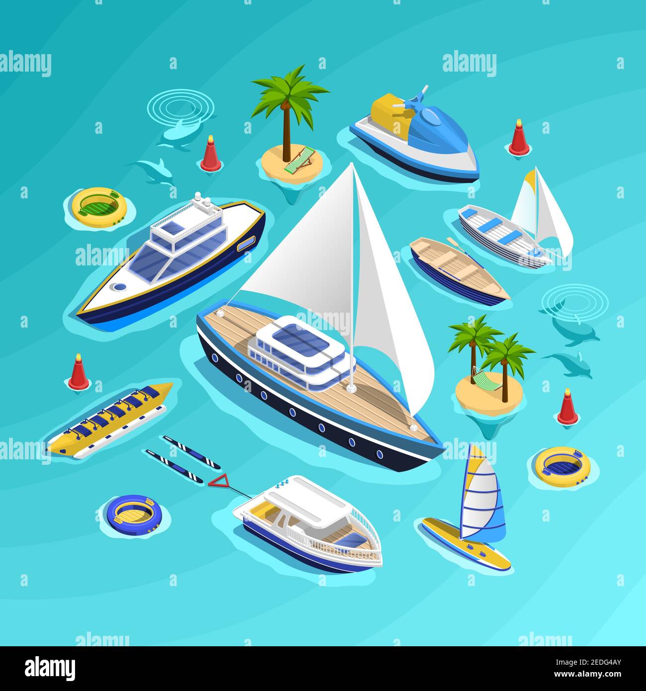 Sea tourism conceptual composition with set of water carriage vehicles ...