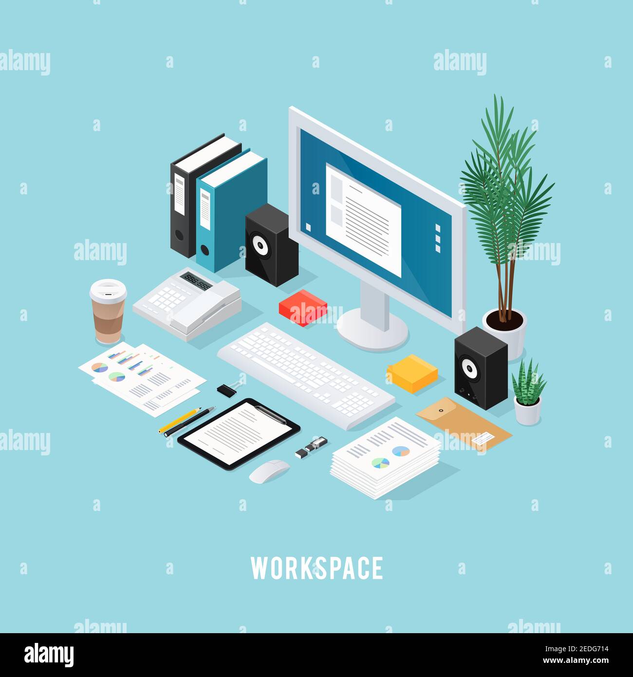 Colored 3d office workspace isometric composition with neatly folded tools on table vector ...