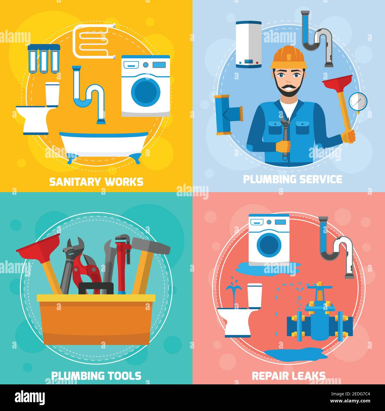 Plumber 2x2 composition with flat images of sanitary technician ...