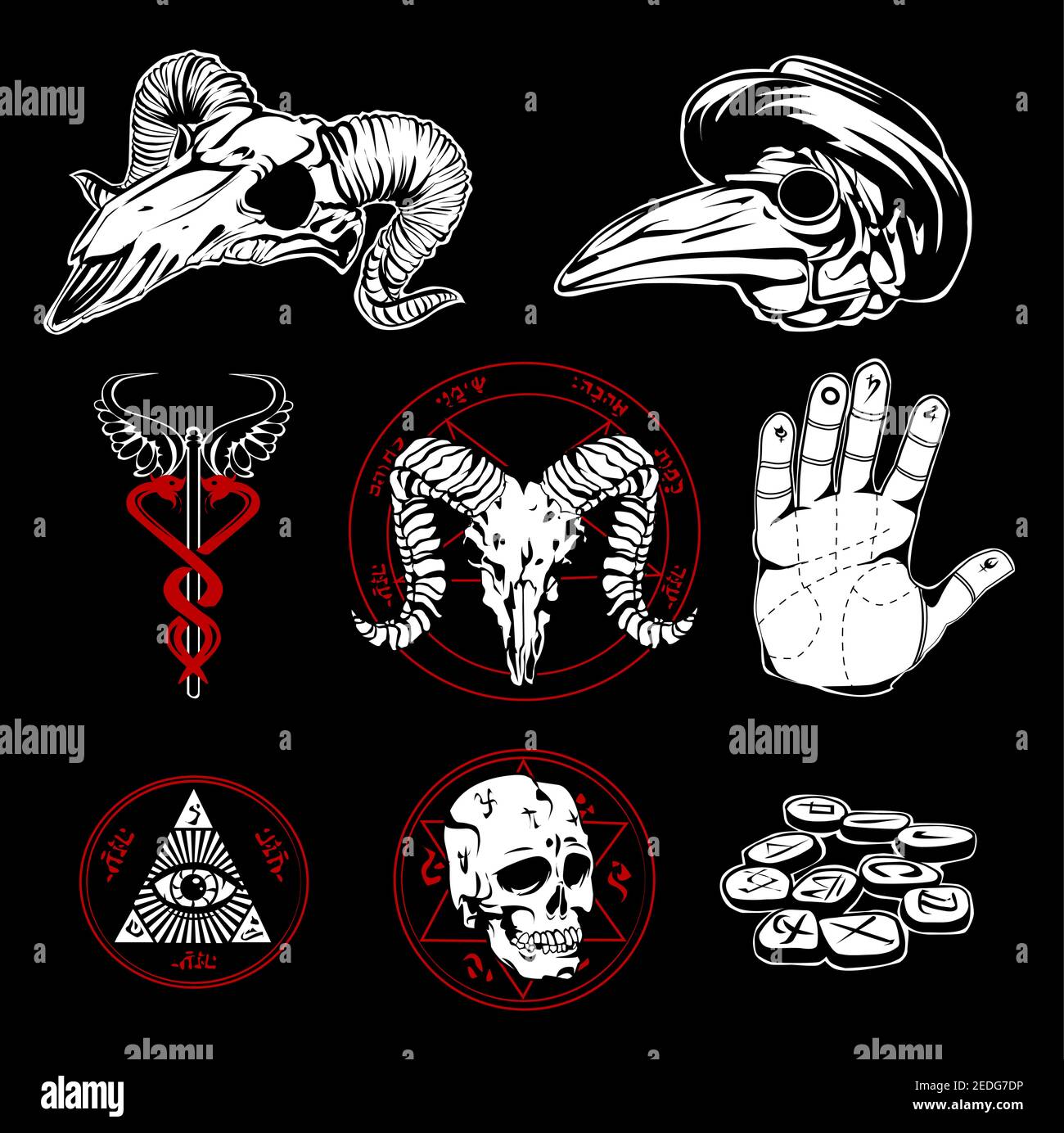 Hand drawn esoteric emblems and occult attributes with pyramid wings ...