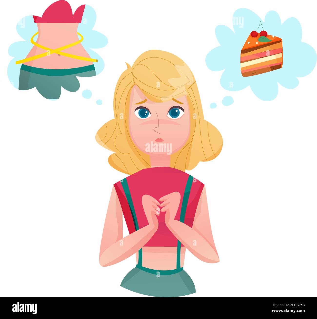 Young lady cartoon character dieting to loose weight dreaming of cake ...