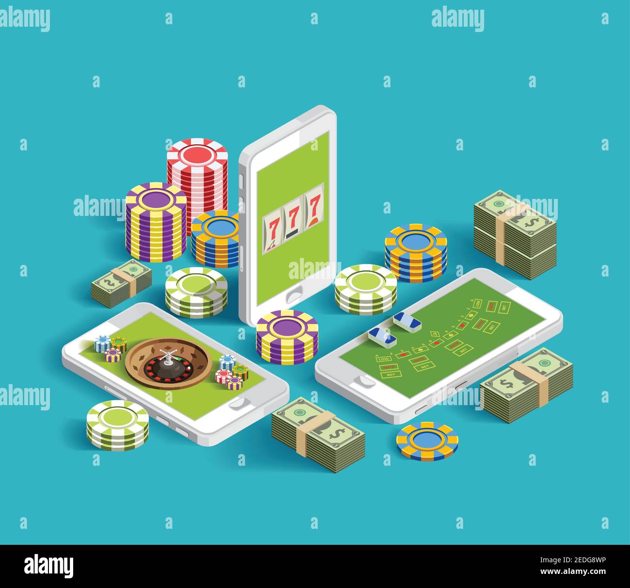 Casino isometric icons composition with chips bundles of banknotes and ...