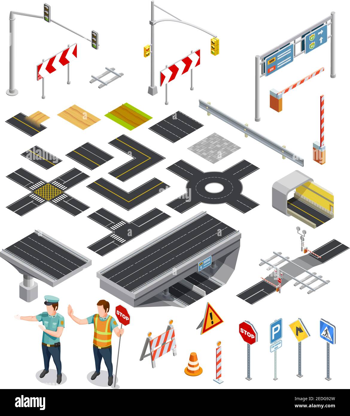 Set of isometric icons showing constructor elements of road sections ...