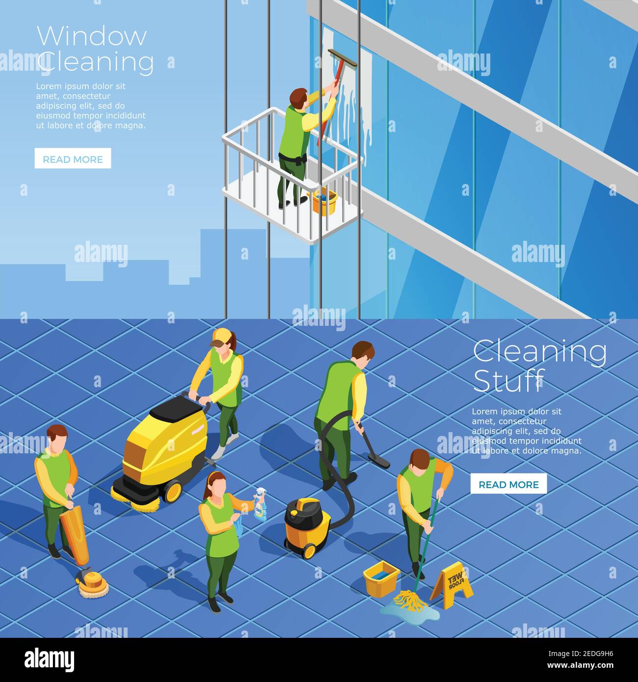 Isometric horizontal banners with stuff of industrial alpinism company ...