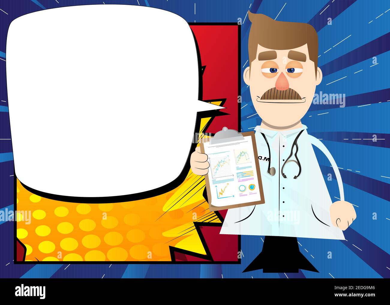 Funny cartoon doctor shows finance report. Vector illustration. Health ...