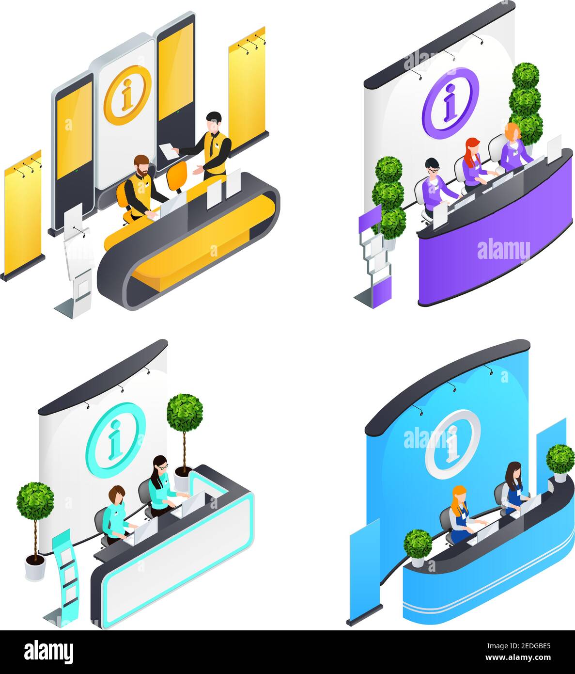 Information desks isometric compositions with people and computers ...
