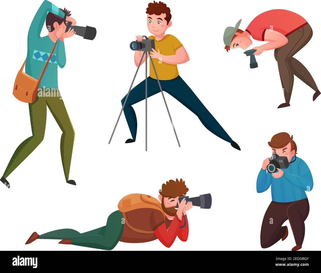 Male photographer in different poses with cameras decorative icons set ...