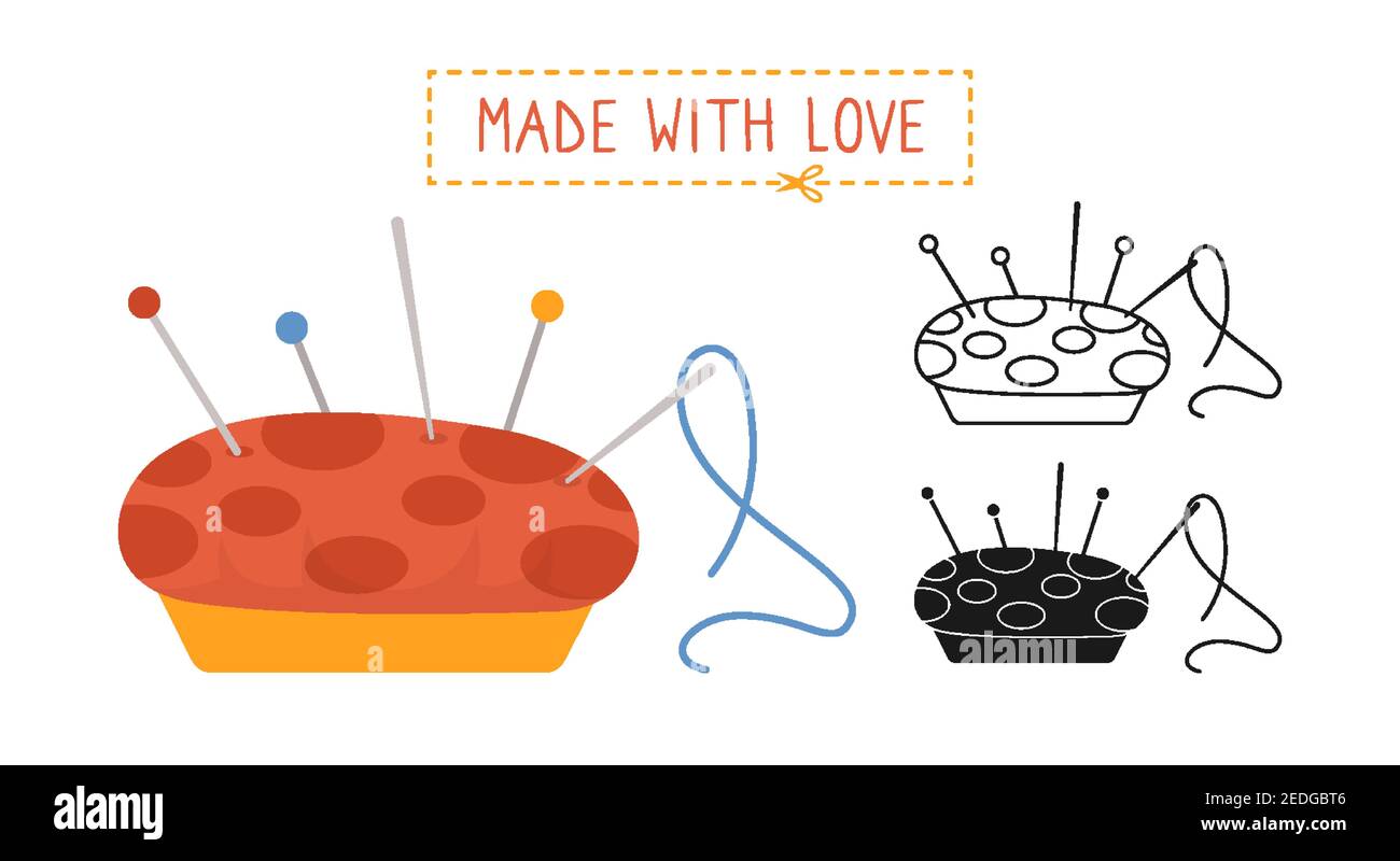 Needles, pins in pillow cartoon set, line icon and black glyph style ...