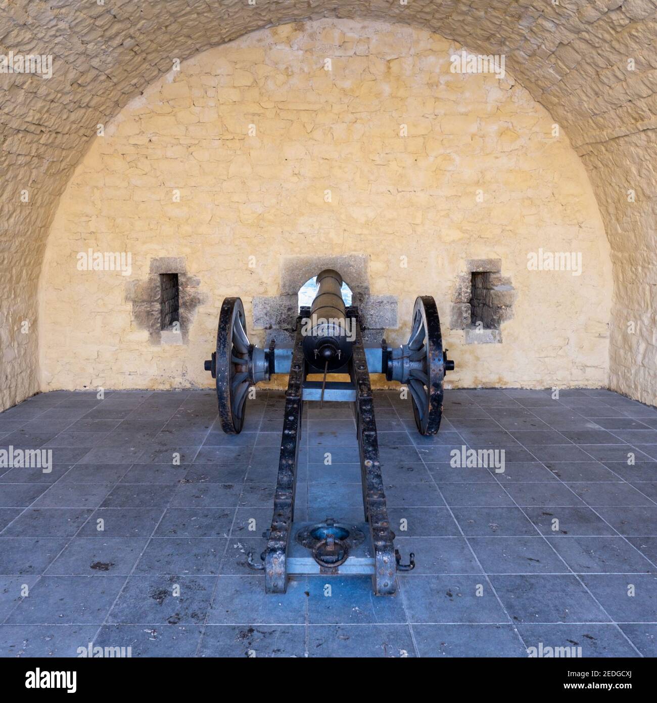 Old cannon inside the Citadel fortress of Dinant, Belgium Stock Photo ...
