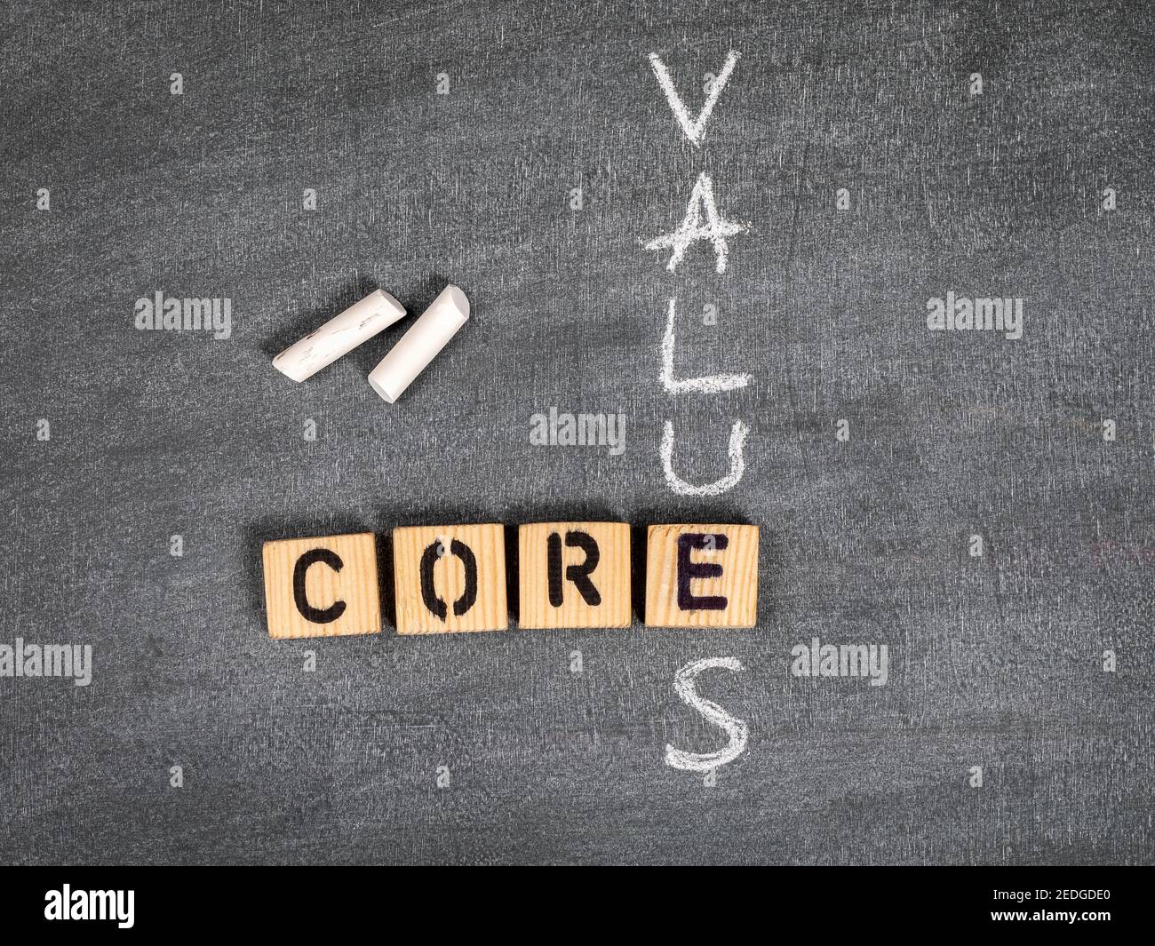 Core Values concept. Wooden alphabet letters on a gray chalk board ...