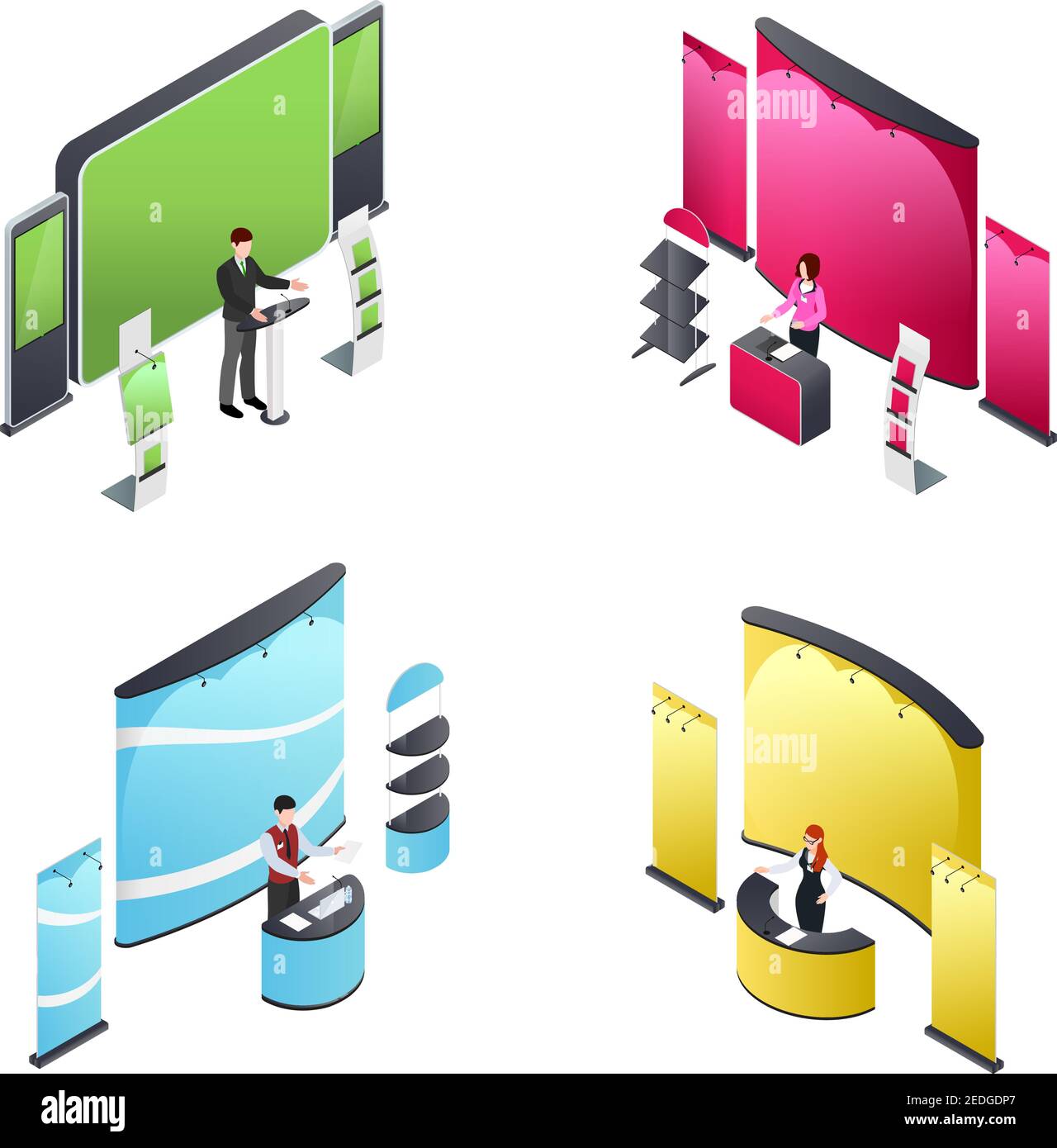 Isometric compositions with people and exhibition stands in various ...