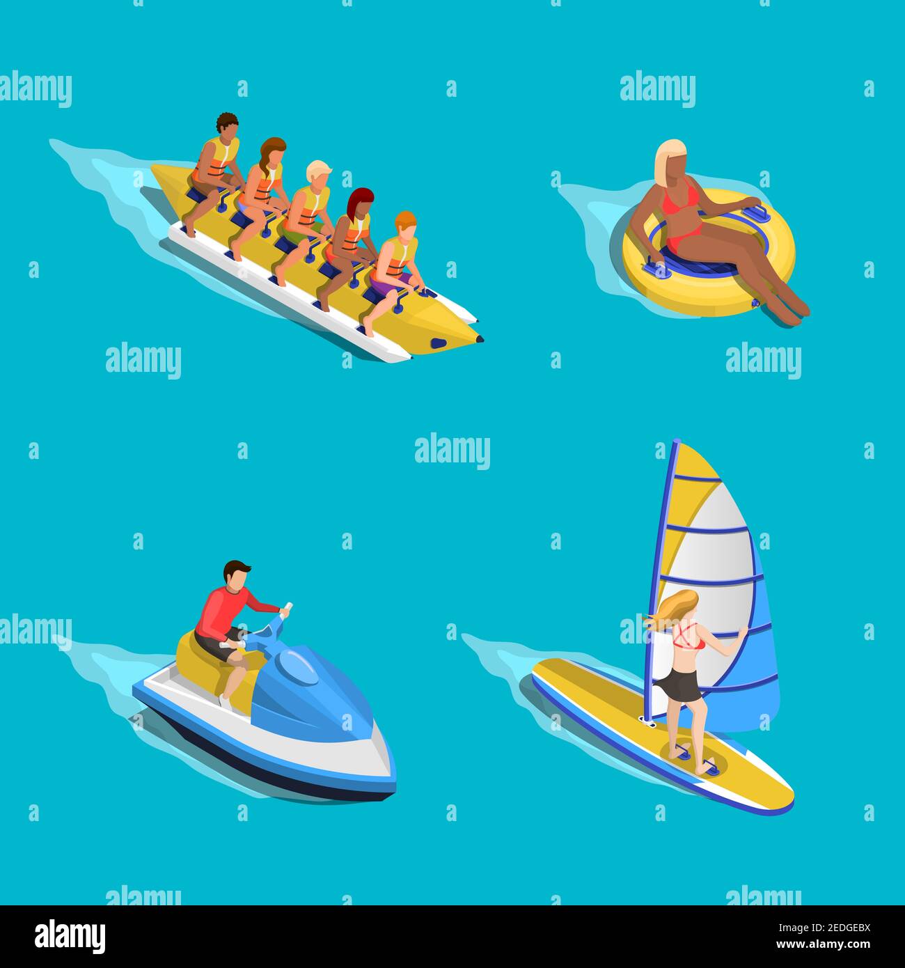 Sea activities people composition with isometric images of human ...