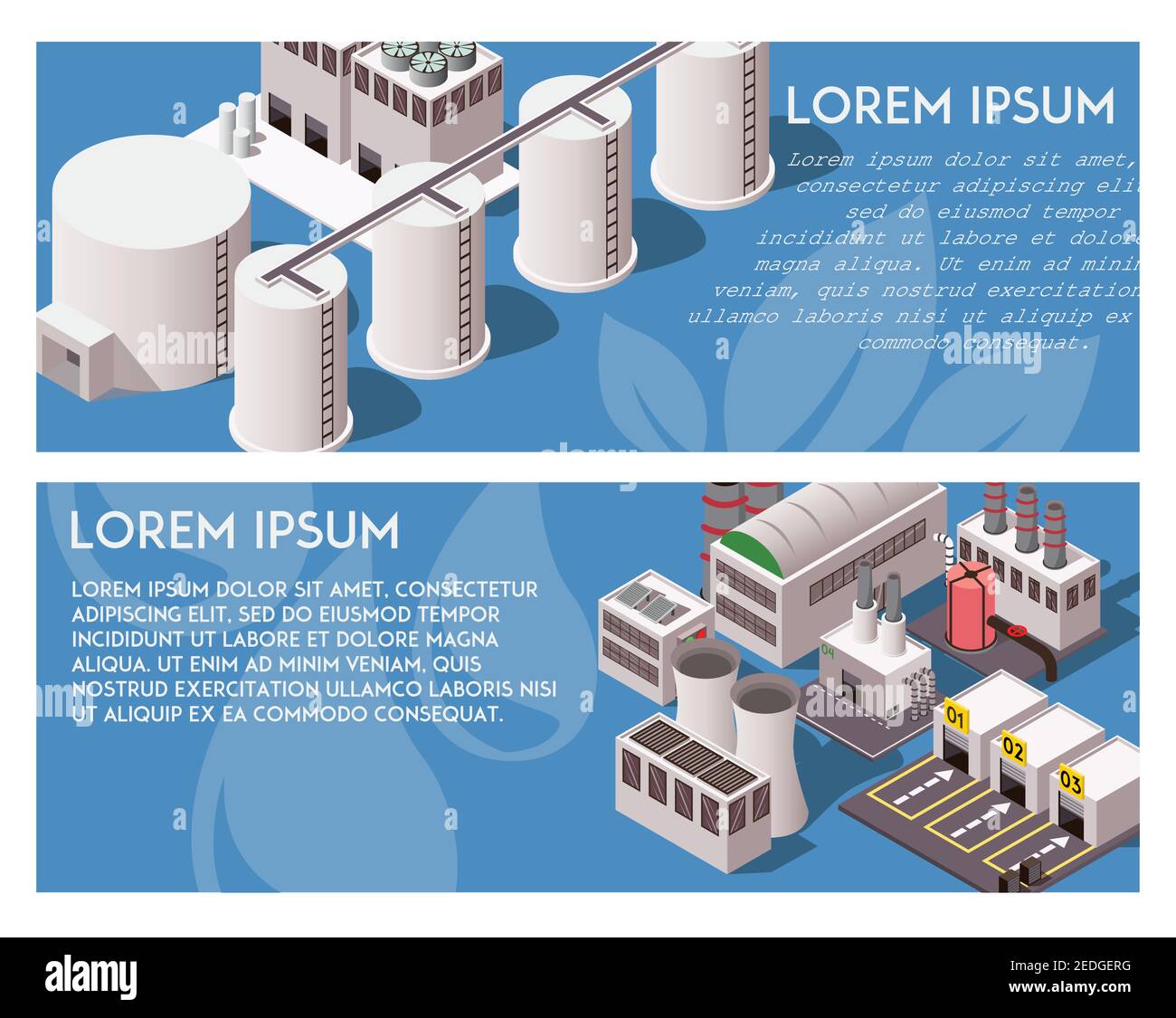 Two horizontal blue isometric banners with factory buildings 3d ...