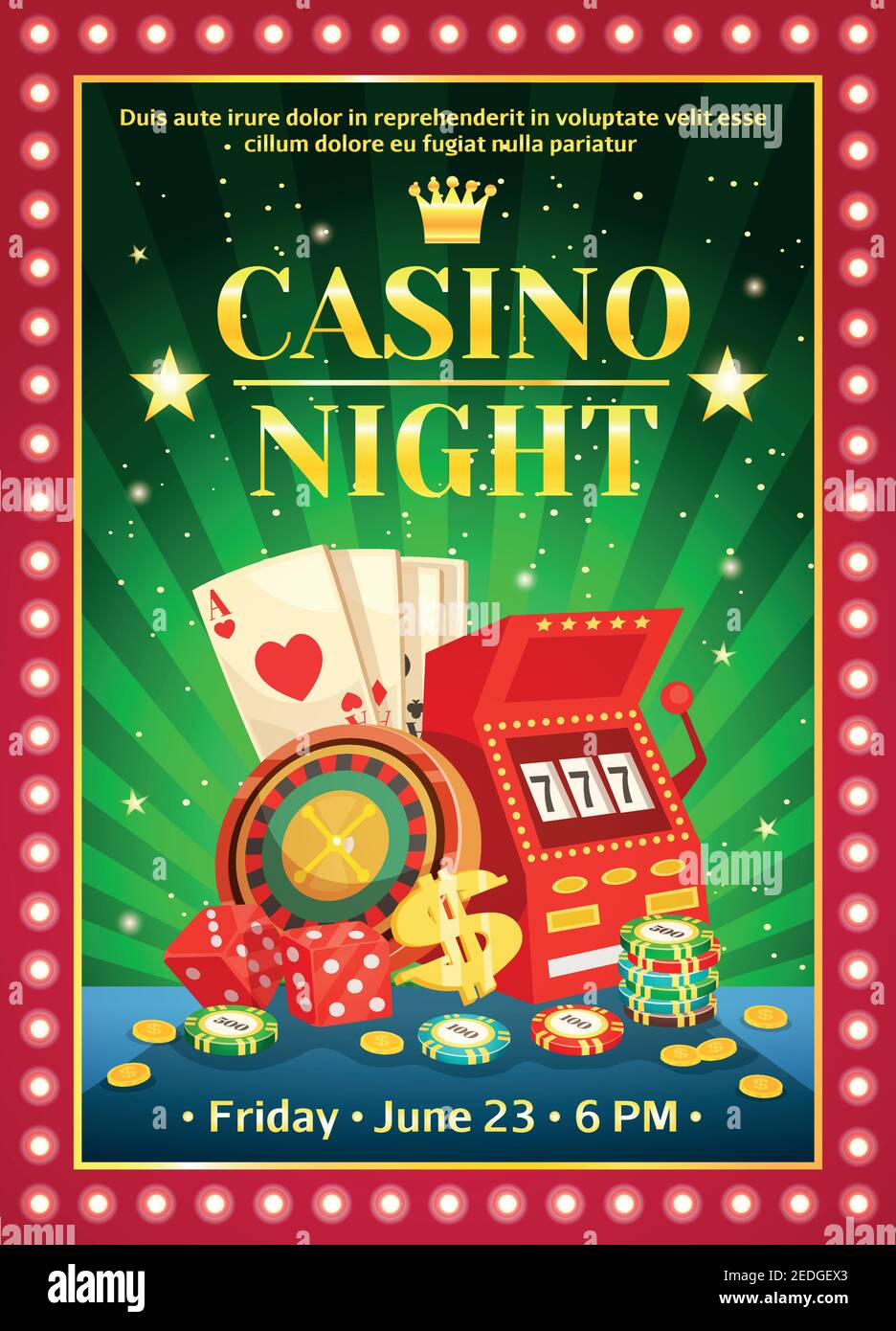 Night Casino bright poster with event date and game accessories flat ...