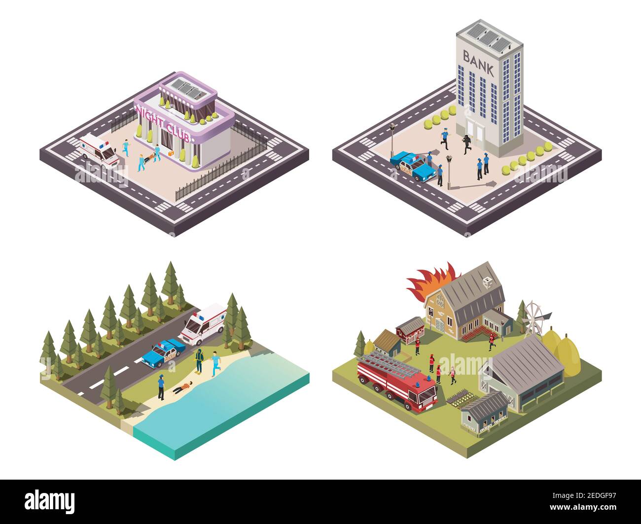 Rescue service workers helping people in different places 2x2 isometric ...
