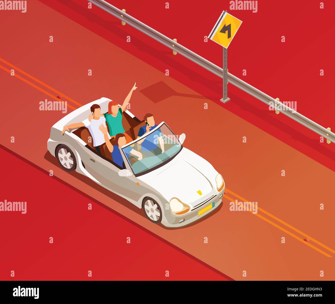 Young friends riding open top white luxury convertible car isometric ...