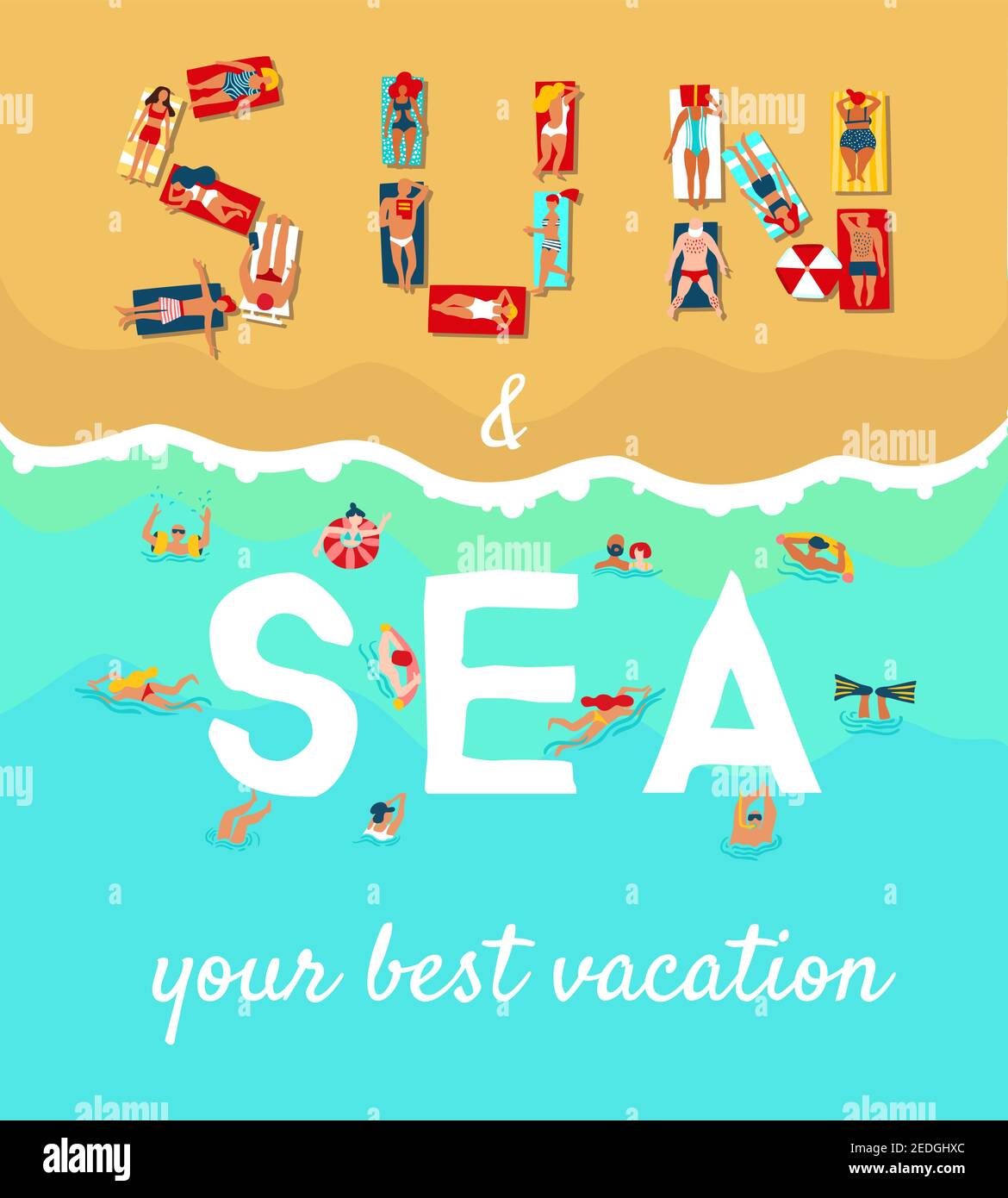 Summer sea beach vacation flat advertising poster with sunbathing ...