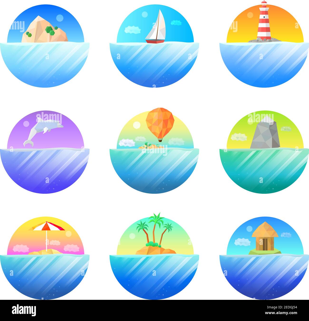 Tropical island symbols round icons set with beautiful gradient color ...