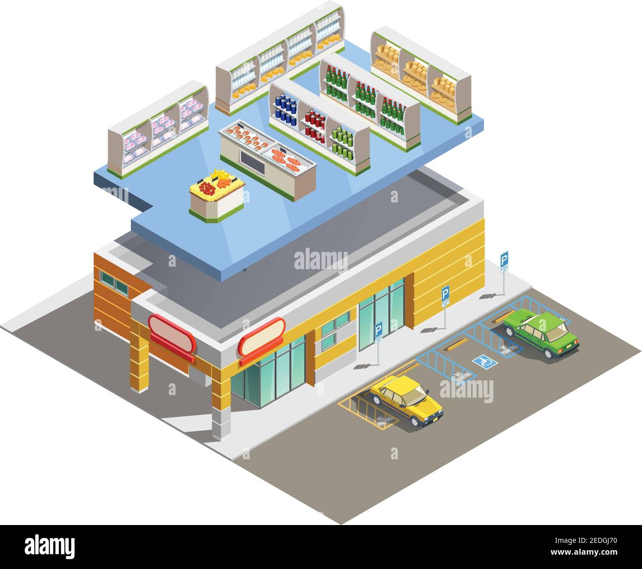 Supermarket store building exterior and interior ground floor ...