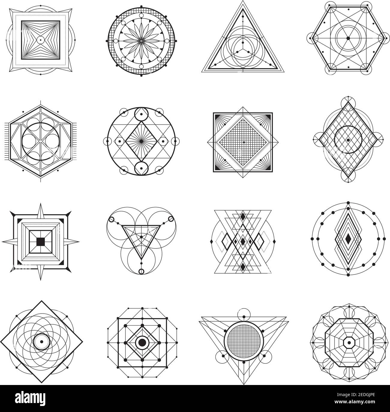 Sacred geometry abstract symbols monochrome set isolated on white ...