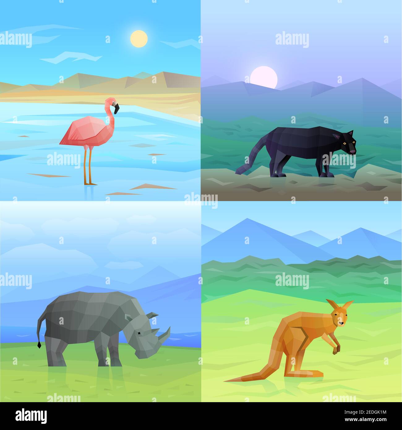 Colorful 2x2 background set with polygonal wild animals and birds ...
