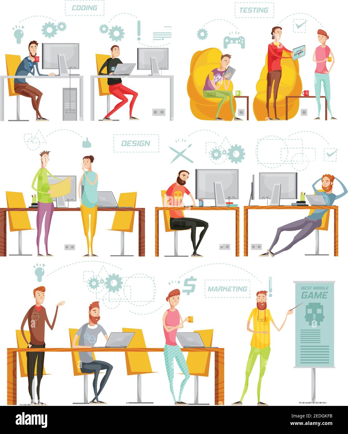 Colored flat game development composition set with designers and ...